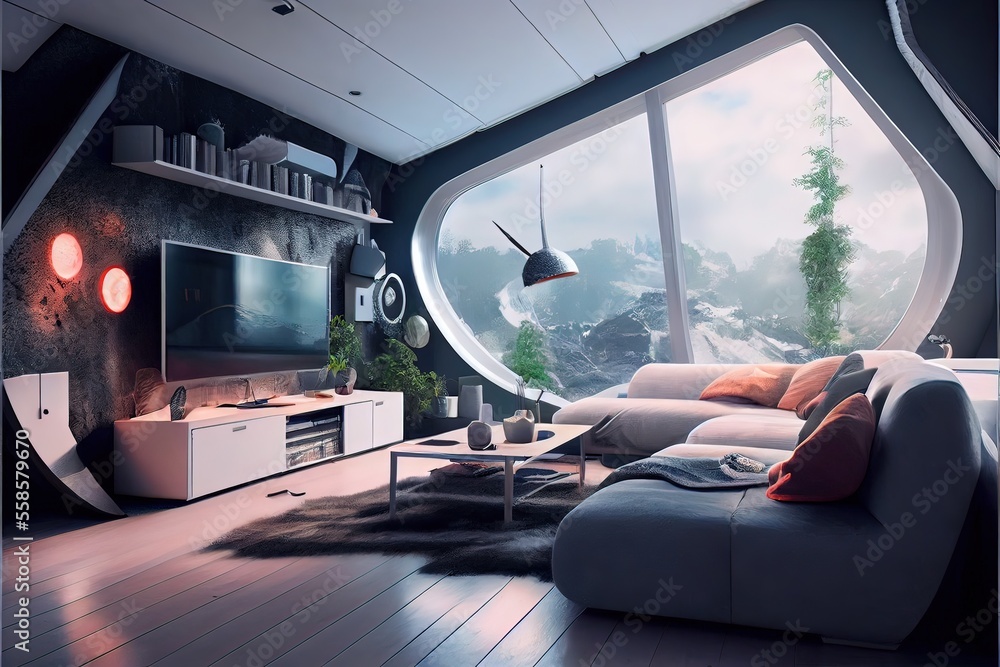 Generative AI illustration of comfy living room from the year 2050 ...