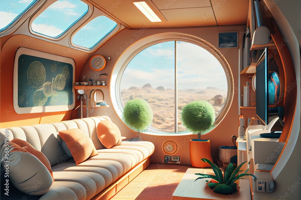 Generative AI illustration of comfy living room from the year 2050 ...