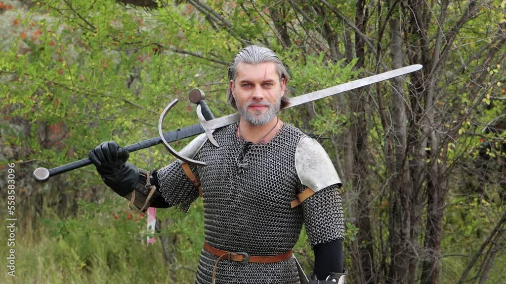Portrait of a medieval warrior with gray hair and a scar on his face in ...