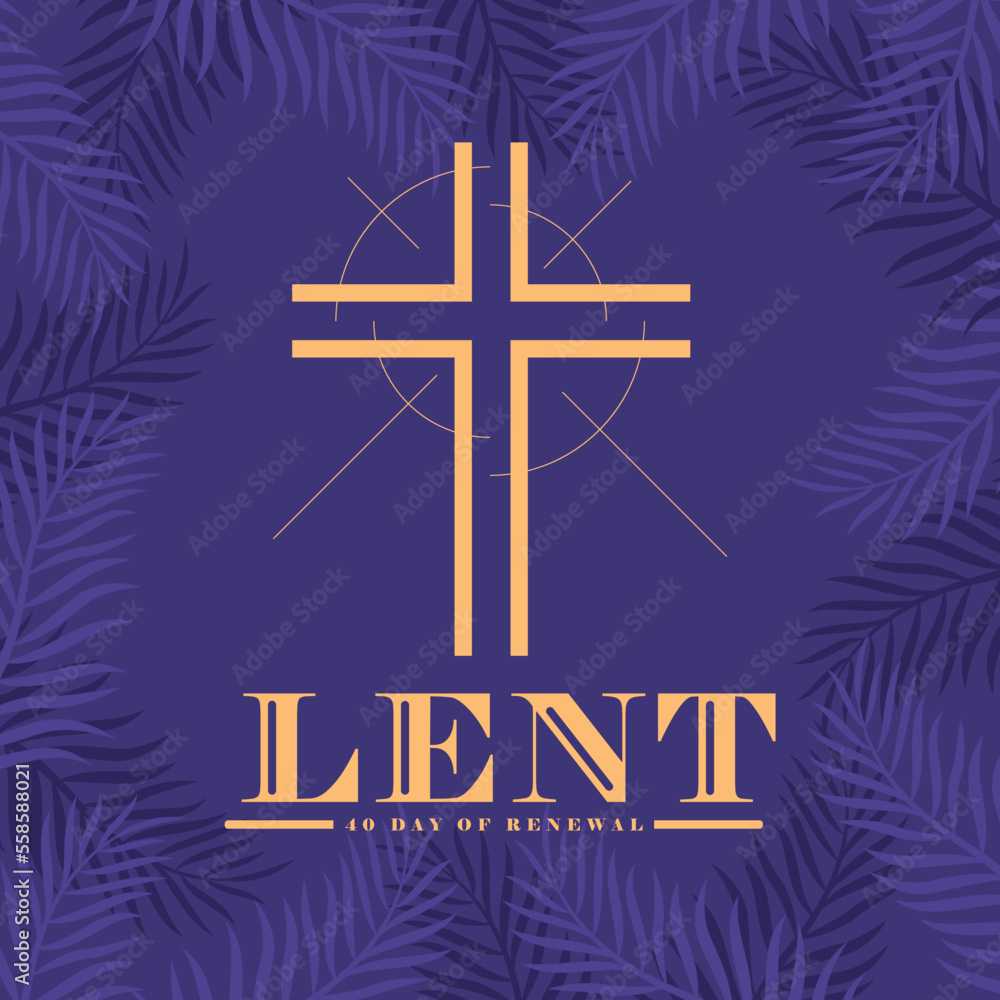 Lent, 40 day of renewal text and gold cross crucifix sign with line ...