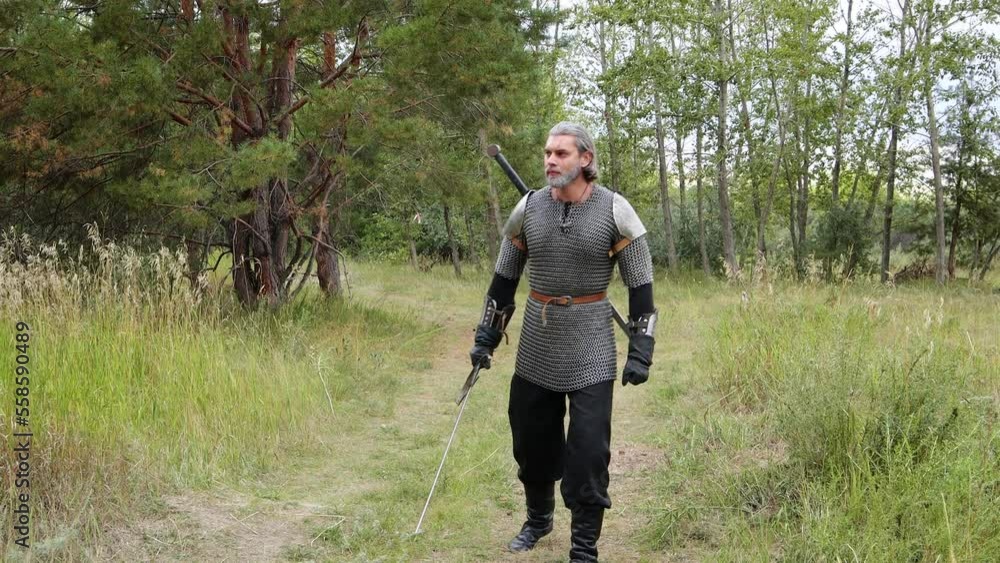A medieval warrior with gray hair, dressed in chain mail with shoulder ...