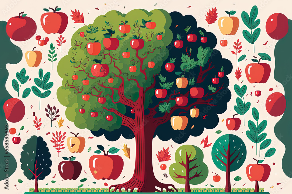 Apple tree illustration in flat style, isolated on a backdrop of white ...