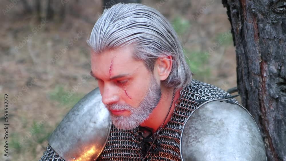 Portrait of a medieval warrior with gray hair and a scar on his face in ...