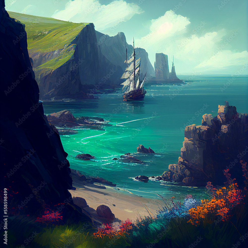 Coastline Cliffs Landscape DND Roleplaying Environment Painting Style ...