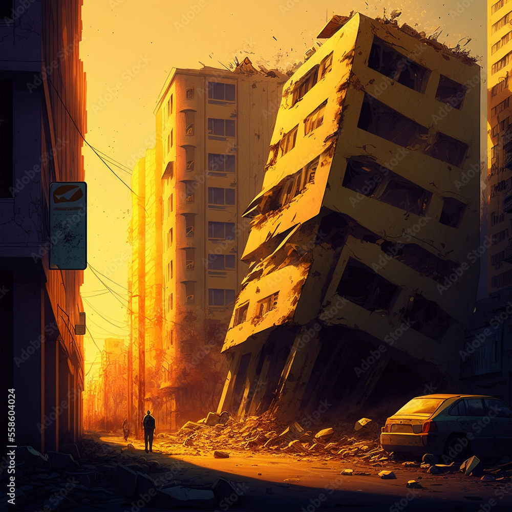 Poster collapsed buildings destroyed in big city by the earthquake, Sad ...