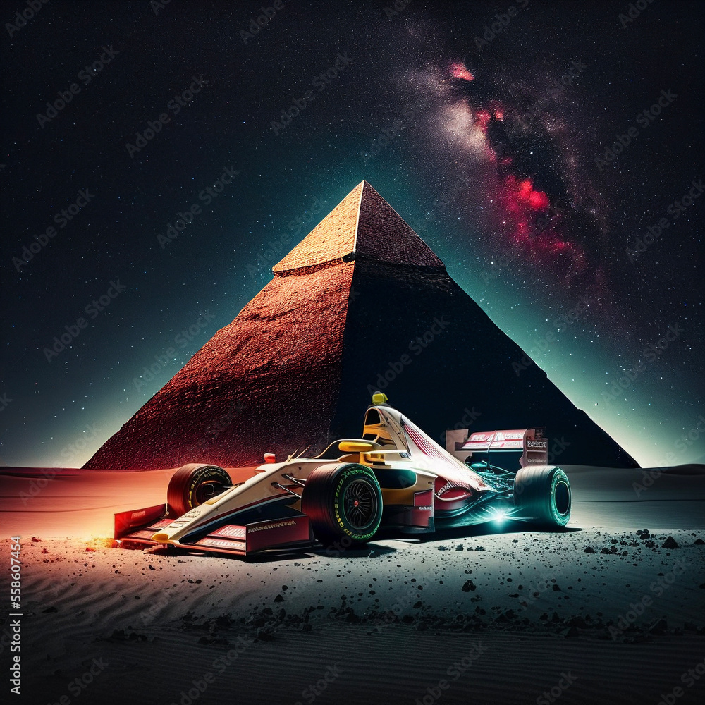 Racing car at the great pyramid under the stars. Stock Illustration ...