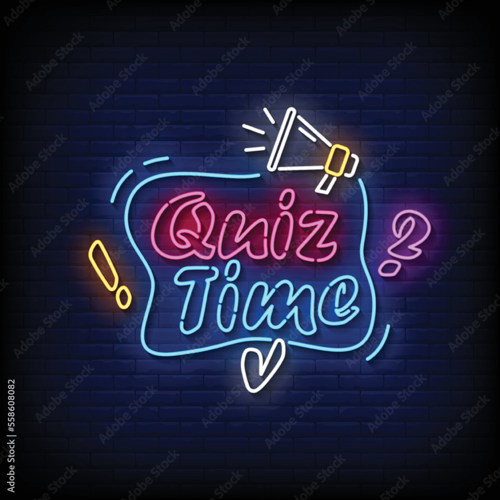 neon sign quiz time with brick wall background vector illustration ...