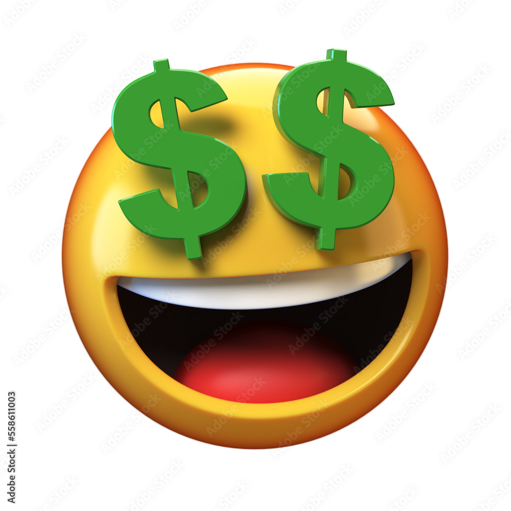 Rich emoji isolated on white background, dollar eyes emoticon 3d ...