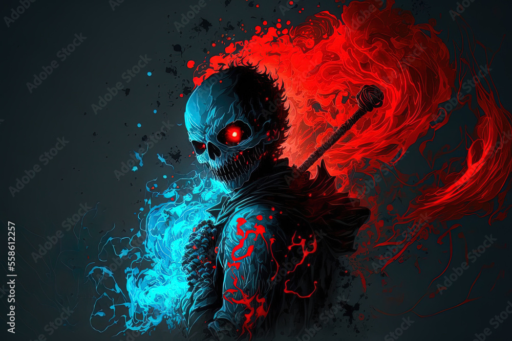 Boy carrying a flaming stick and wearing a mask of lights and smoke ...