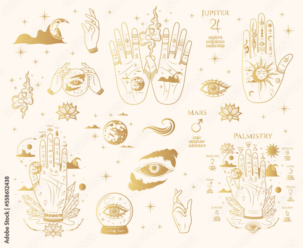 Palmistry Hands golden collection. Hand drawn isolated set of esoteric ...