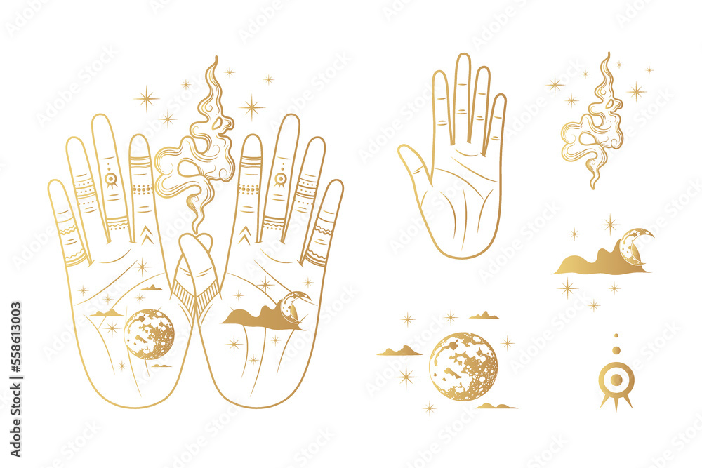 Golden celestial hand with moon, planet, fire and palmistry diagram ...