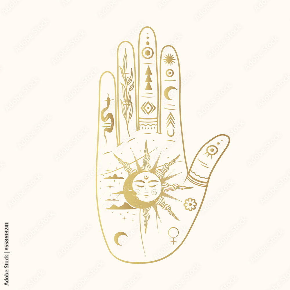 Golden hand with sun, moon, snake, twig and clouds. Hand drawn symbol ...