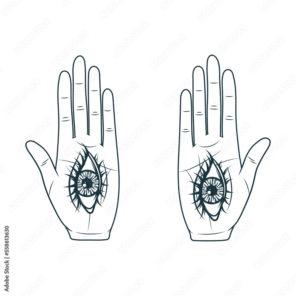 Two palmistry hands with all-seeing eye. Hand drawn symbol of prediction, fortune telling. Magic ...