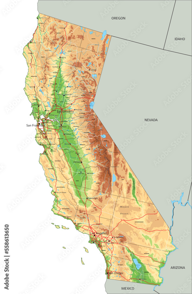 High detailed California physical map with labeling. Stock Vector ...