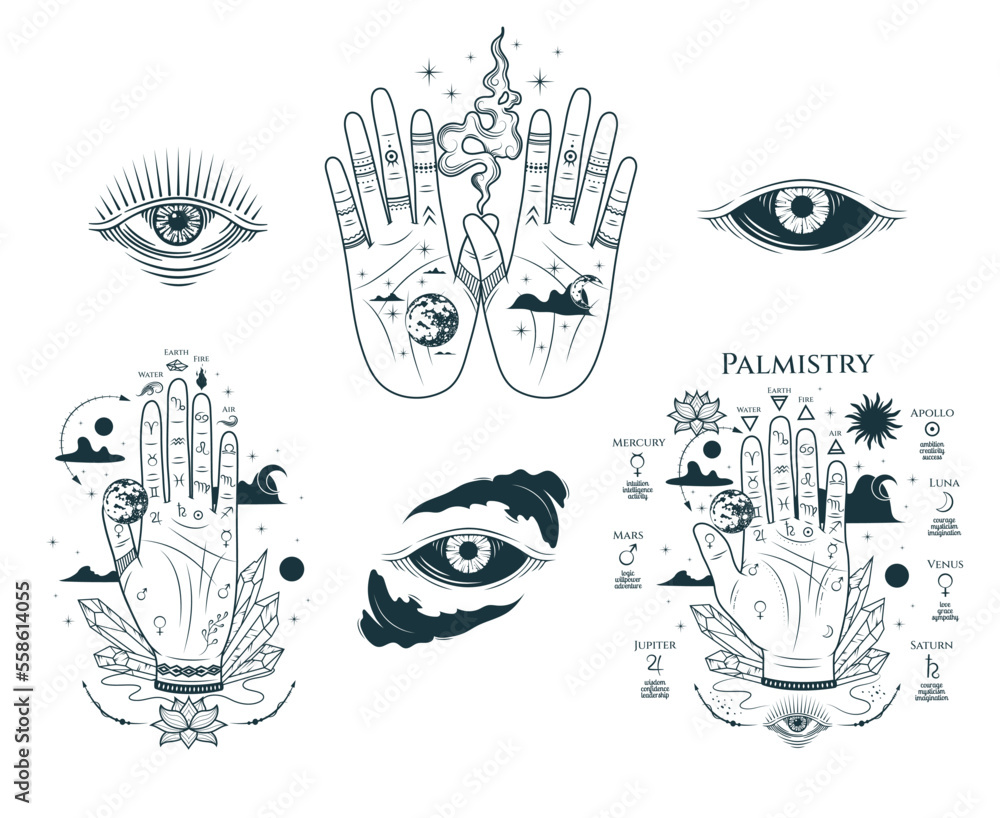 Palmistry hands with chiromantic lines, all-see eyes and esoteric elements. Hand drawn symbol of ...