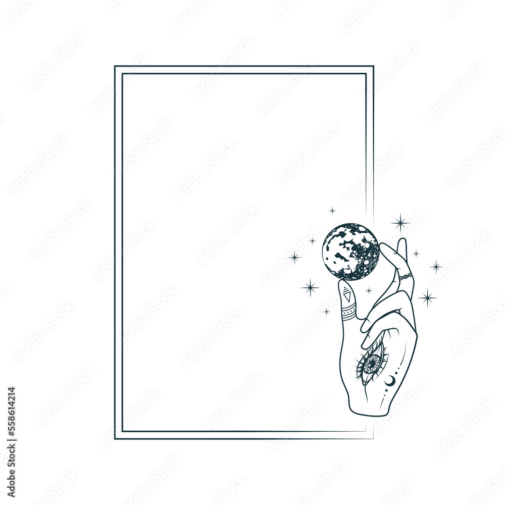 Celestial rectangular frame with all-see eye and palmistry hand holding ...