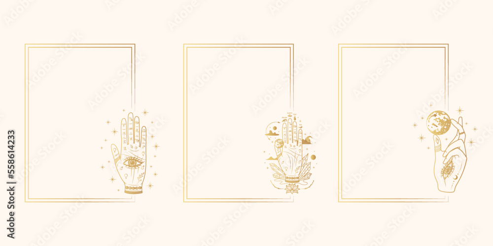 Set of three golden celestial rectangular frames with palmistry hands ...