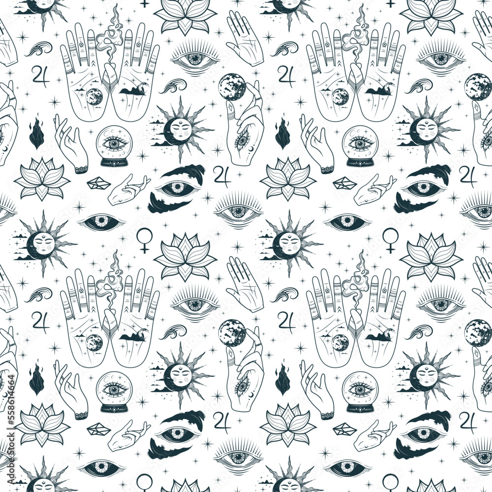 Mystical seamless pattern with palmistry hands, all-see eyes and other ...