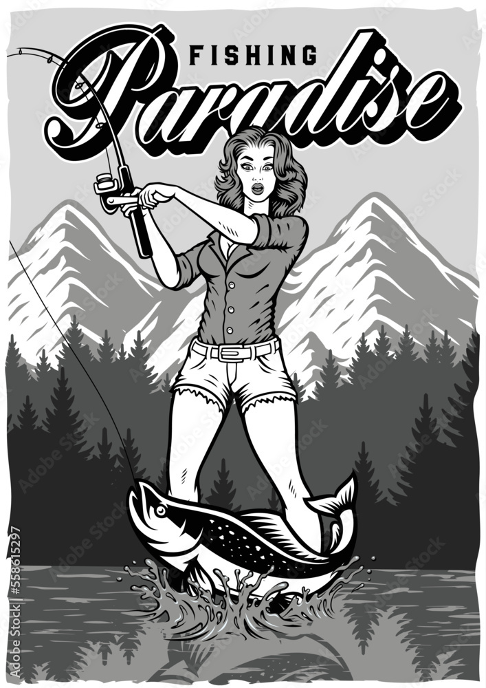 Black and white pin up girl fishing poster in vintage style Stock ...