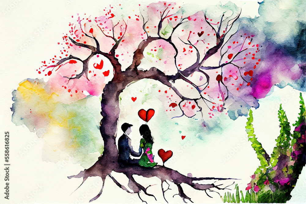 Romantic couple in love sitting under tree with red hearts (Generative ...