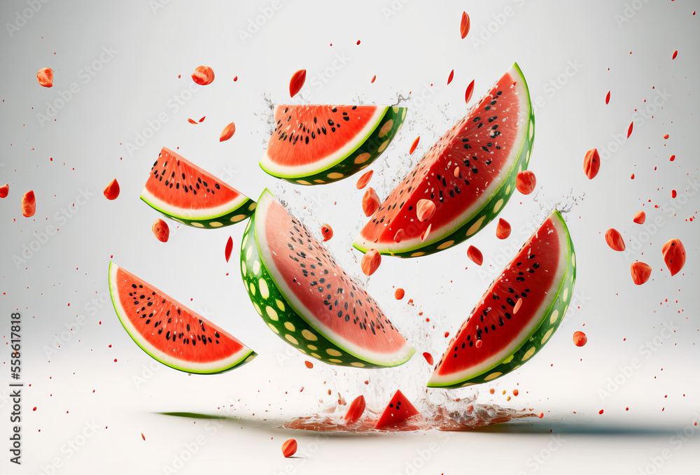 Fresh slices of watermelon flying on a plain background with exploding juice splash. Generative ...