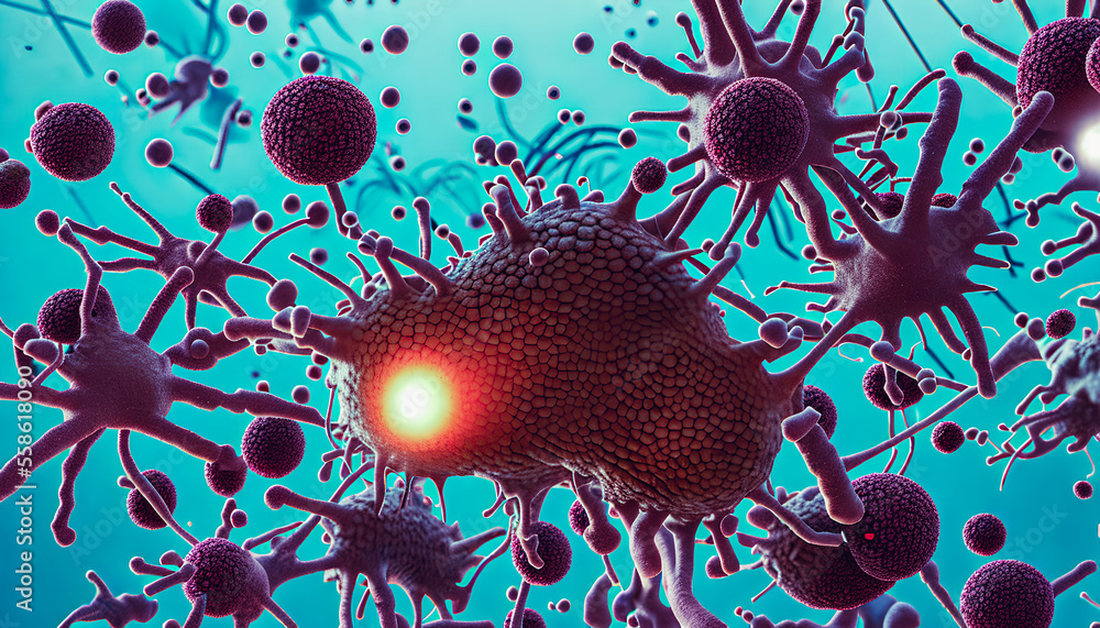 The abstract painting depicts bacteria under the microscope, showcasing ...