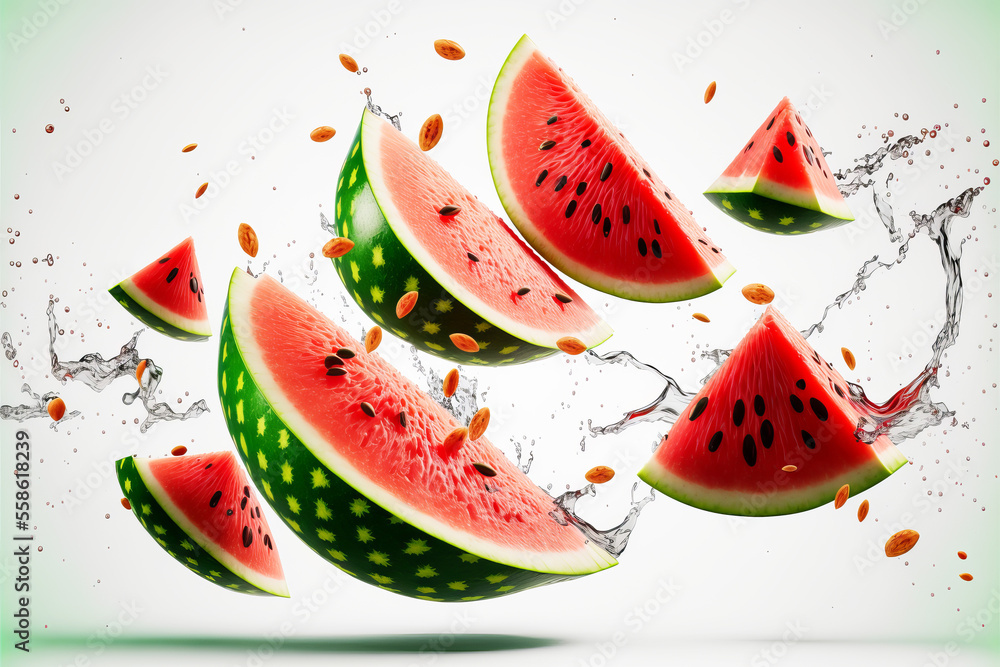 Fresh slices of watermelon flying on a plain background with exploding juice splash. Generative ...