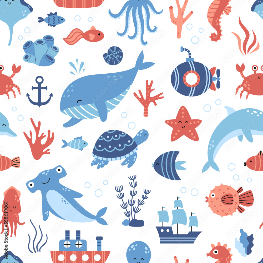 Vector marine seamless pattern with sea animals in flat design. Dolphin ...