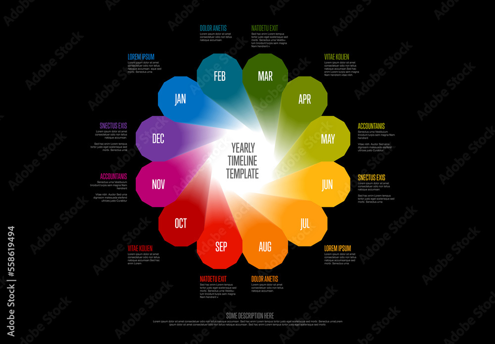 Full year timeline template with 12 month in rainbow circle flower dark ...