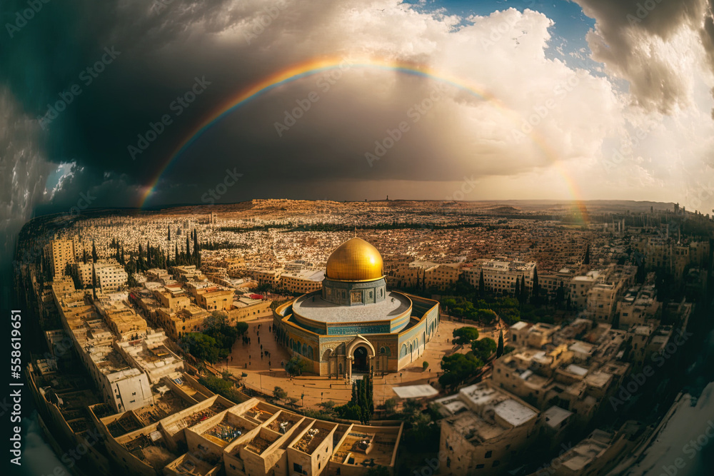 Beautiful aerial panorama of the Old City, the Prophets' Tomb, and the ...