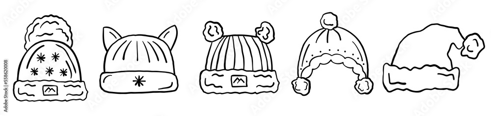 Set of winter caps and hats sketches isolated on white background ...