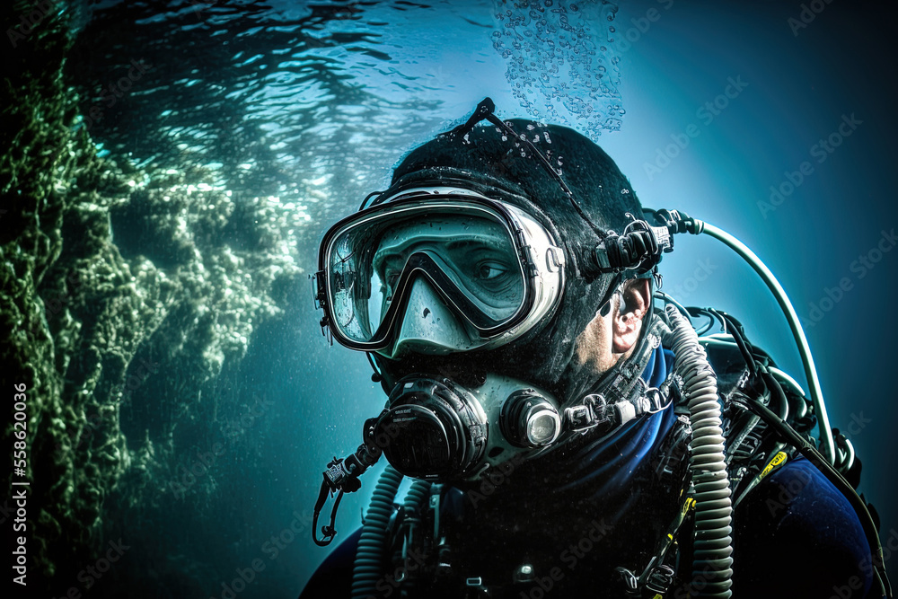 Diver underwater, notion of depth, and diving in the ocean. Generative ...