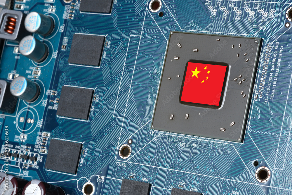 China flag on a processor, central processing unit CPU or microchip on ...