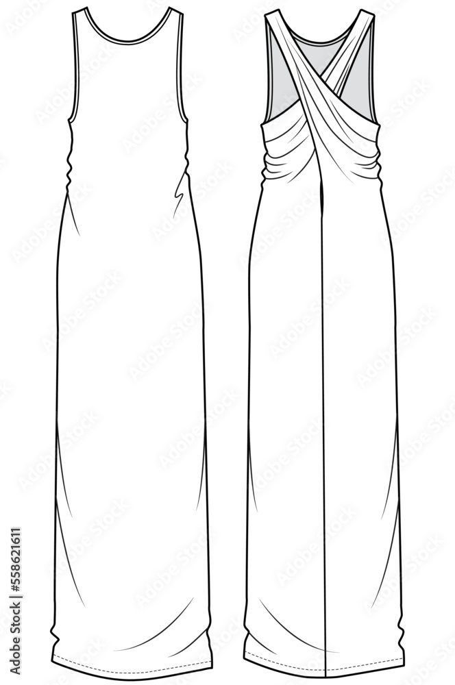 Vetor de womens cross back maxi dress flat sketch vector illustration ...