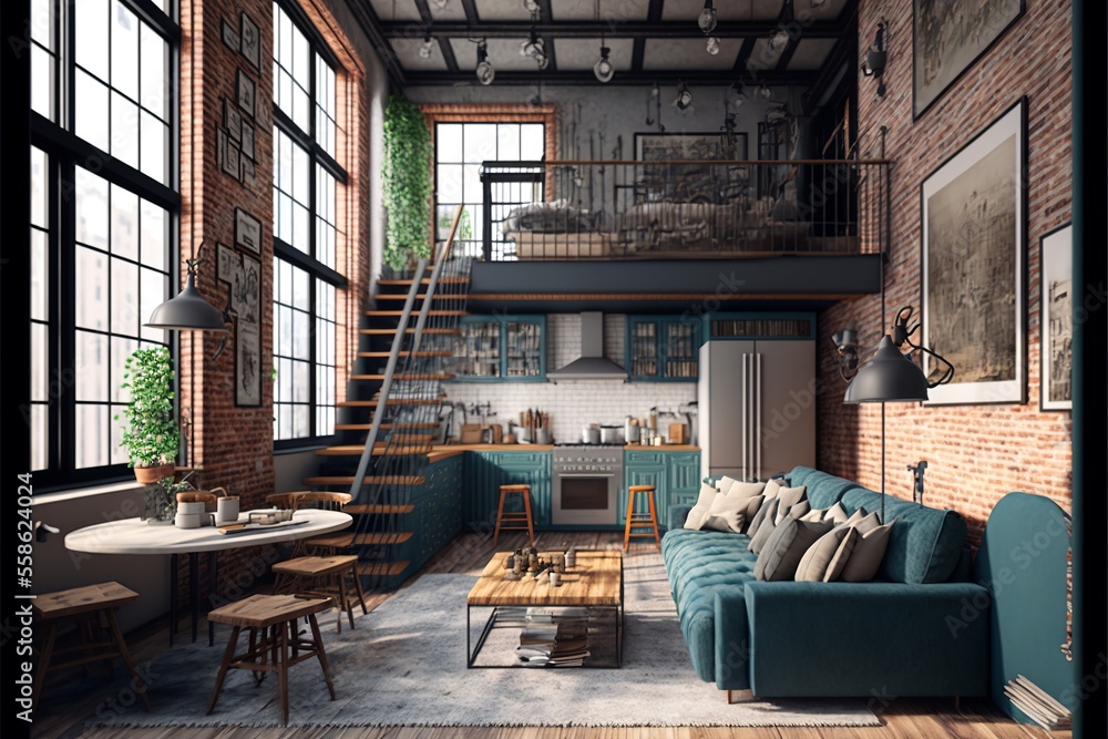 Cozy spacious industrial loft style apartment interior with exposed ...