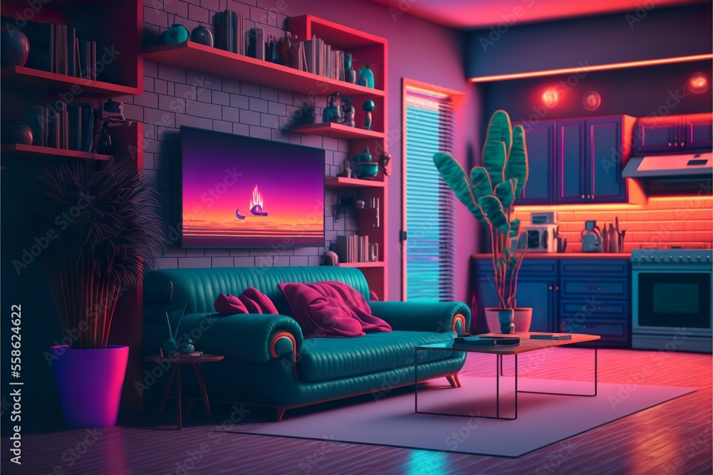 Cozy synthwave living room interior with neon colors Stock Illustration ...
