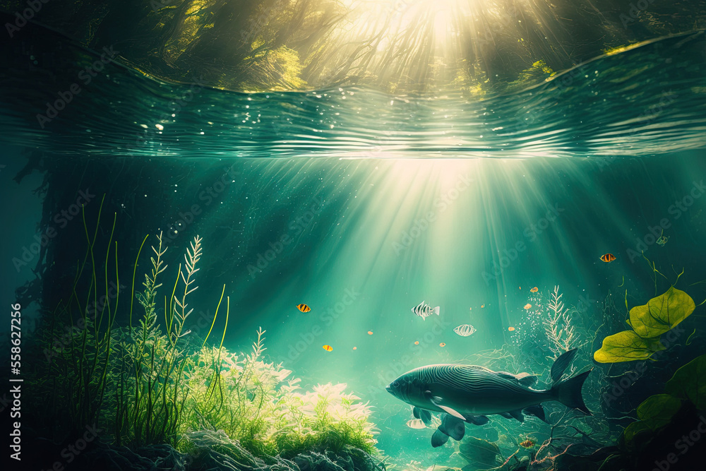 River underwater scene with sun rays, abstract underwater scene, and ...