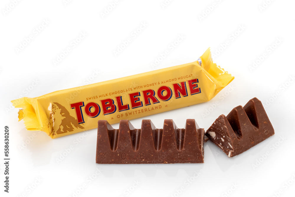 Italy - January 04, 2023: Toblerone, swiss milk chocolate bar with ...