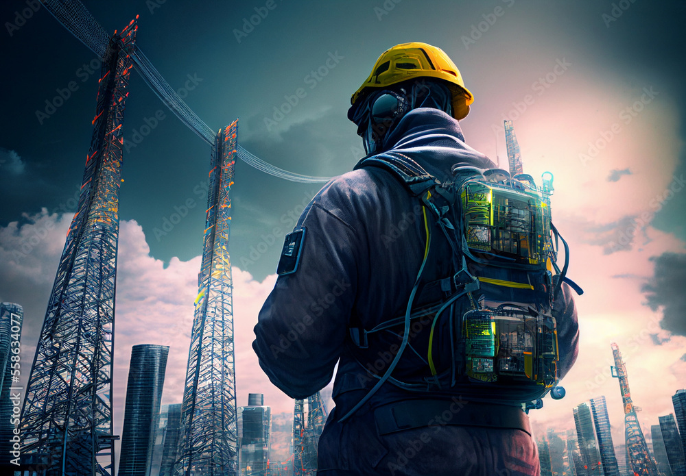 Engineer or Technocian hold plan and look at Telecommunication tower ...