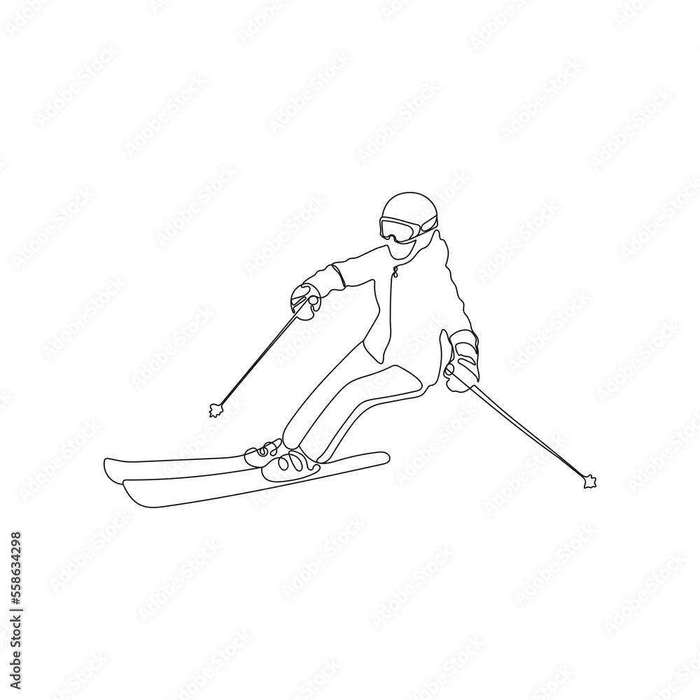 Skier, skiing. One line art drawing style. Descent from the mountain ...