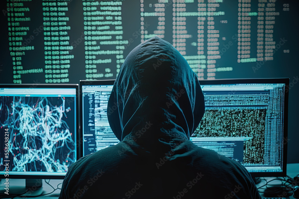 Social media hacking concept back view of hacker at desktop using computers with glowing people ...