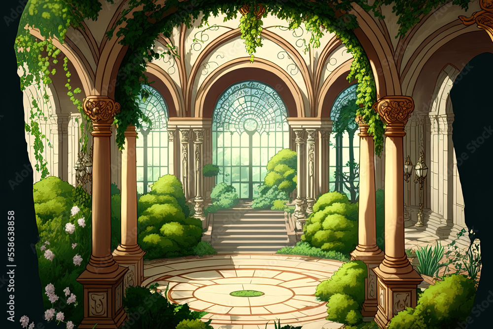 a garden within a grand structure with arches and big stained glass ...