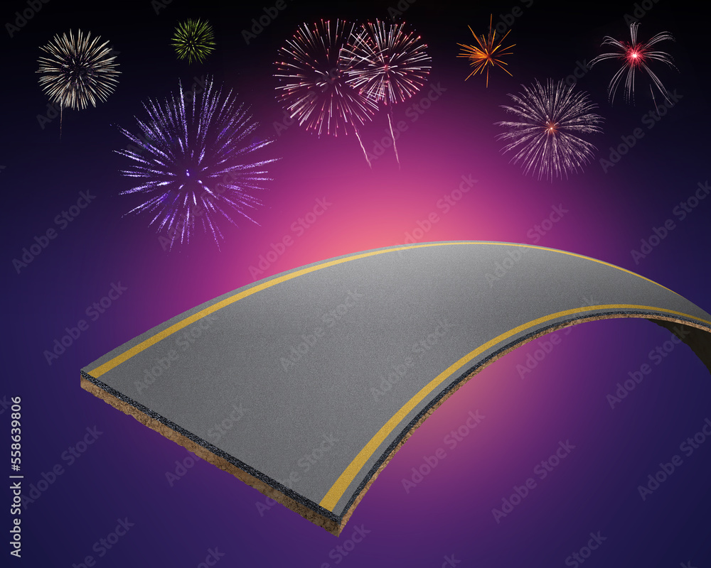 3d illustration of road with fireworks festival advertisement, Bending ...