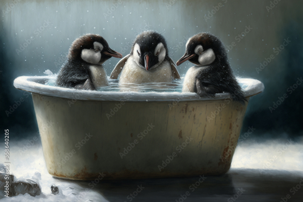 Generative Ai of penguins in a bath tub Stock Illustration | Adobe Stock