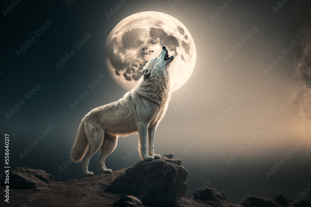 Generative Ai of white wolf howling at the moon. Stock Illustration | Adobe Stock