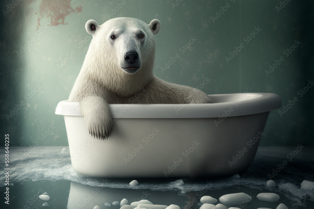 Generative Ai of polar bear in a bath tub. Climate change concept ...
