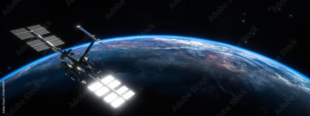 3D illustration. International space station on orbit of Earth planet ...