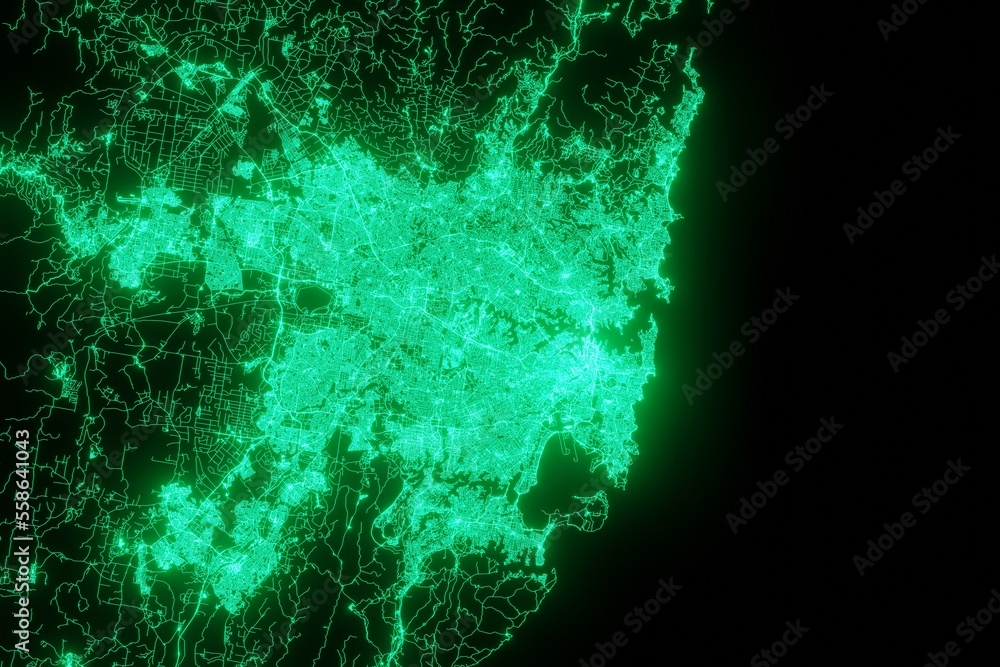 Map of the streets of Sydney (Australia) made with green illumination ...