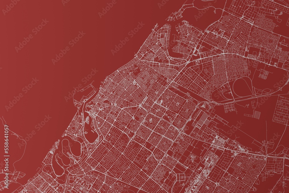 Map of the streets of Sharjah (UAE) made with white lines on red ...
