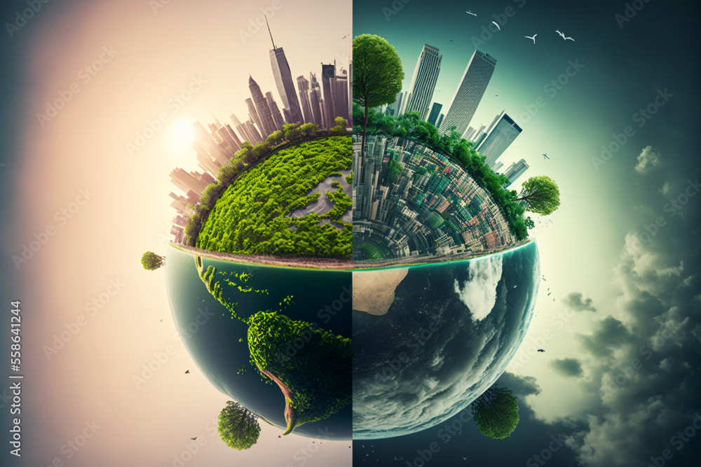 Generative Ai of planet earth with tall building and greenery. Tiny ...